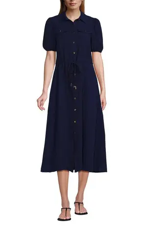 LANDS' END Twill Button-front Fluid Short Sleeve Dress