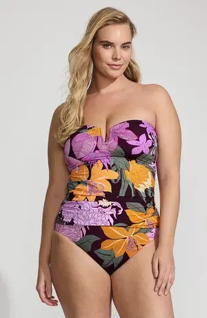 LANDS' END Slender Suit U-wire Bandeau Tankini Top - Dark Wine Multi Floral Blooms