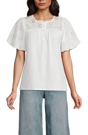 LANDS' END Eyelet Crew Puff Sleeve Top - White