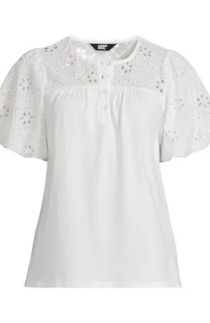 LANDS' END Eyelet Crew Puff Sleeve Top - White