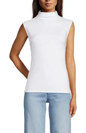 LANDS' END Cap Sleeve Drapey Rib Fitted Funnel Neck Tank - White