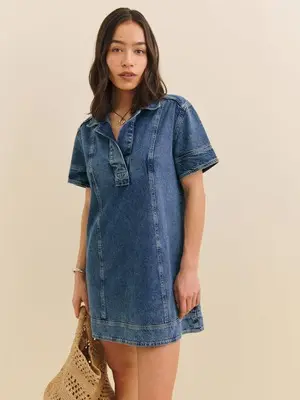 Women's Collared Short Sleeve Denim Mini Dresses