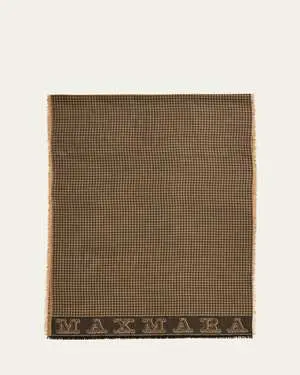 Max Mara Logo Houndstooth Fringe Wool Scarf Camel