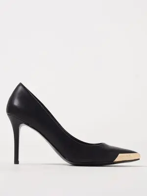 Versace Leather Stiletto Pumps With Gold Tone Metal Cap Toe - Black