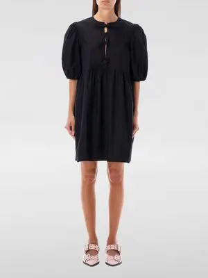 GANNI Cotton Dress With Puff Sleeves - Black