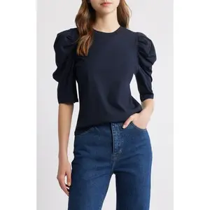 FRAME The Drape Puff Sleeve Organic Cotton Top - Navy