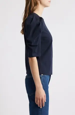FRAME The Drape Puff Sleeve Organic Cotton Top - Navy