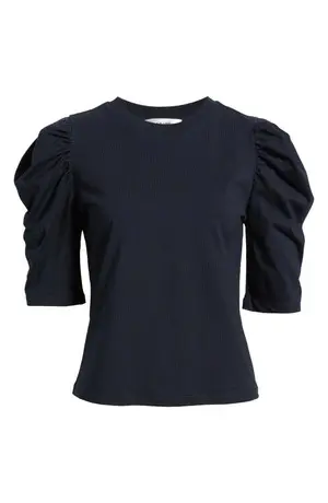 FRAME The Drape Puff Sleeve Organic Cotton Top - Navy