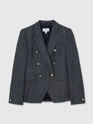 REISS Baker Linen-cotton Double-breasted Blazer - Navy