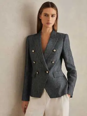 REISS Baker Linen-cotton Double-breasted Blazer - Navy