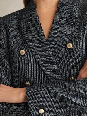 REISS Baker Linen-cotton Double-breasted Blazer - Navy