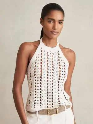 REISS Cally Cotton Crochet Halterneck Top