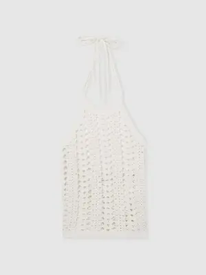 REISS Cally Cotton Crochet Halterneck Top