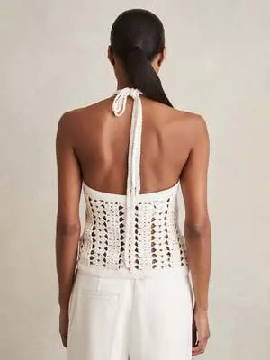 REISS Cally Cotton Crochet Halterneck Top