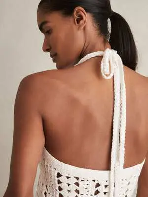 REISS Cally Cotton Crochet Halterneck Top