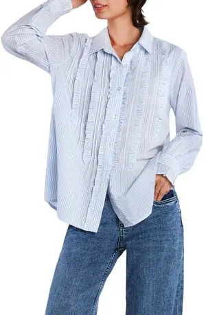 WASH LAB DENIM Ruffle Stripe Tuxedo Shirt - Blue Stripes