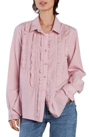WASH LAB DENIM Ruffle Stripe Tuxedo Shirt - Dusty Rose Stripes