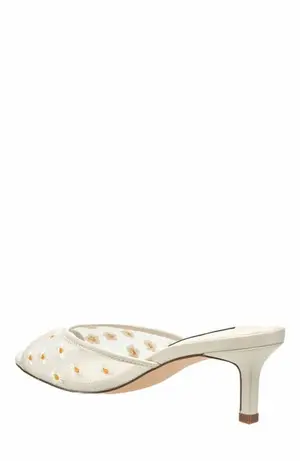French Connection Nancy Mesh Embroidered Floral Kitten Heel Slip On Sandals