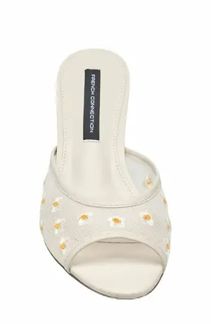 French Connection Nancy Mesh Embroidered Floral Kitten Heel Slip On Sandals