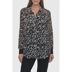 Dkny Print Chiffon Tunic Shirt - Spring Animal Ivory