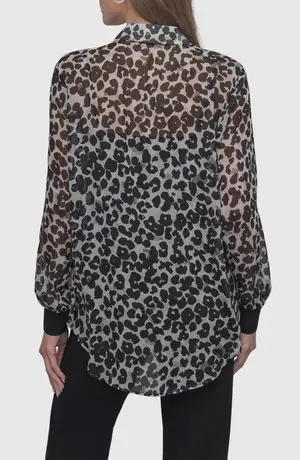 Dkny Print Chiffon Tunic Shirt - Spring Animal Ivory