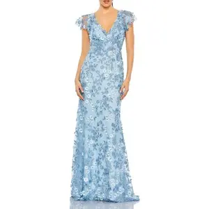 Mac Duggal Embroidered Applique Flutter Sleeve Gown - Blue