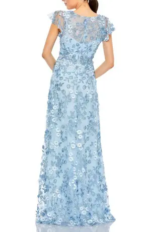 Mac Duggal Embroidered Applique Flutter Sleeve Gown - Blue