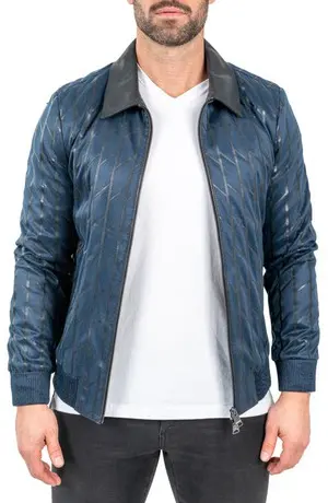 MACEOO Ladder Print Leather Jacket - Blue