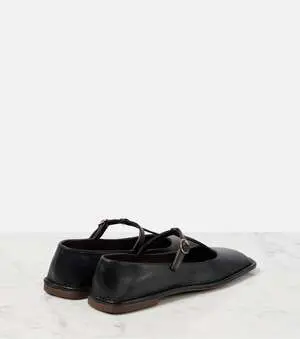 THE ROW Square T-strap Leather Flats - Black