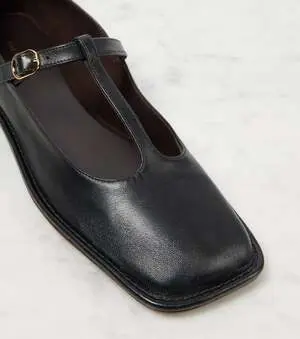 THE ROW Square T-strap Leather Flats - Black