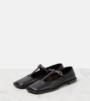 THE ROW Square T-strap Leather Flats - Black