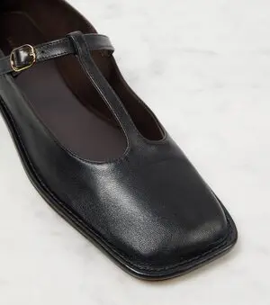 THE ROW Square T-strap Leather Flats - Black