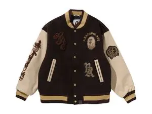 A BATHING APE Line Camo Logo Varsity Jacket - Brown