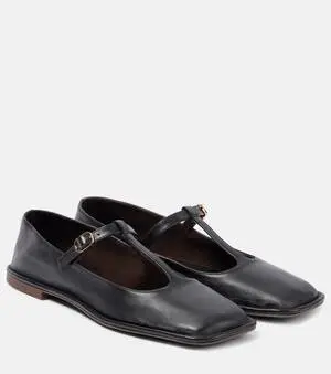THE ROW Square T-strap Leather Flats - Black