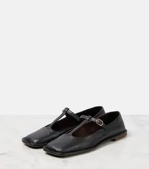 THE ROW Square T-strap Leather Flats - Black