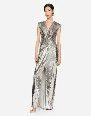 Dolce & Gabbana Long Sequined Draped Dress - Silver