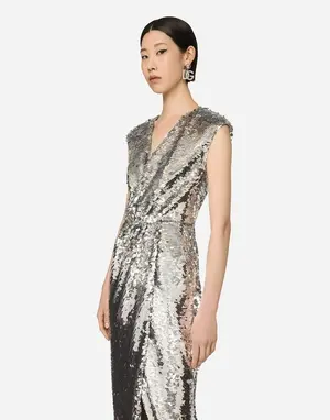 Dolce & Gabbana Long Sequined Draped Dress - Silver