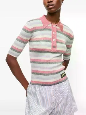 GANNI Striped Lurex-knit Polo Shirt - Pink