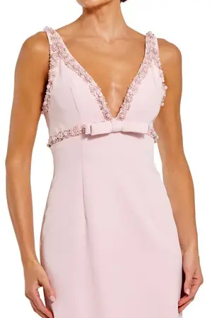 Mac Duggal Beaded Bow Trim Fitted Midi Dress - Blush