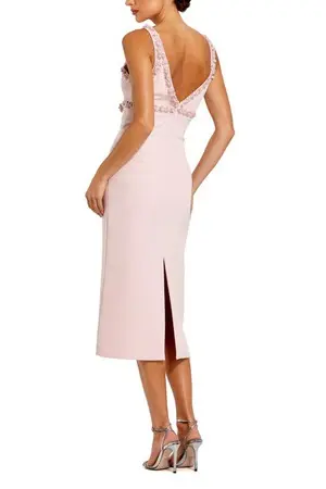 Mac Duggal Beaded Bow Trim Fitted Midi Dress - Blush
