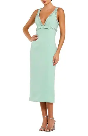 Mac Duggal Mac Duggal Beaded Bow Trim Fitted Midi Dress Sage