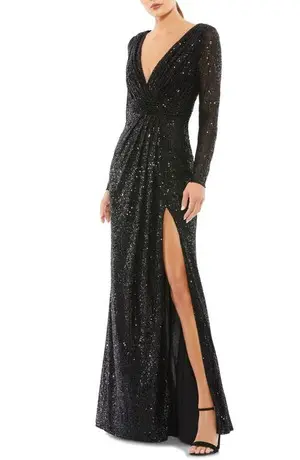 Mac Duggal Sequined Long Sleeve Gown - Black