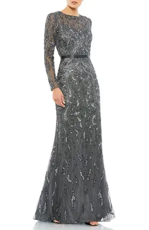 Mac Duggal Abstract Beaded Evening Gown - Charcoal