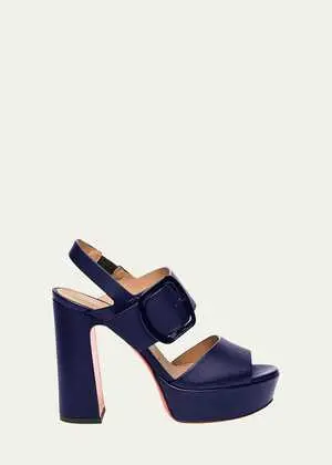 Santoni Bruxel Leather Buckle Platform Sandals - Navy