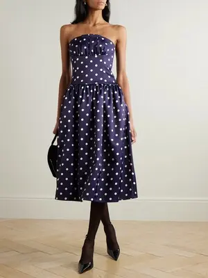 SELF-PORTRAIT Strapless Polka-dot Satin Midi Dress