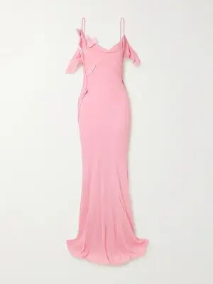 SELF-PORTRAIT Appliquéd Ruffled Cold-shoulder Georgette Maxi Dress