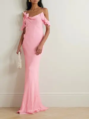 SELF-PORTRAIT Appliquéd Ruffled Cold-shoulder Georgette Maxi Dress