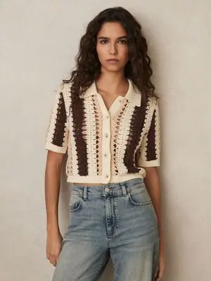 REISS Roni Cotton Crochet Striped Shirt - Cream/brown