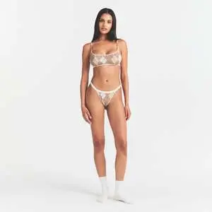 SKIMS Logo Picot Thong | Red | | Lightweight Cotton - Cafe Argyle Print