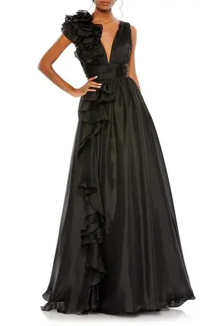 Mac Duggal Ruffle Shoulder V-neck Chiffon Gown - Black